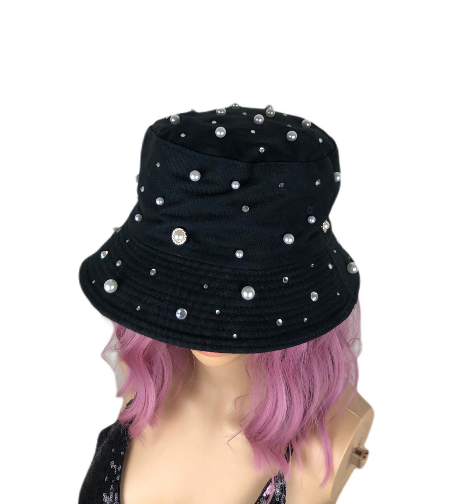 Bucket Hat With Pearl-rhinestone-pearl With Gold Decorations - Etsy