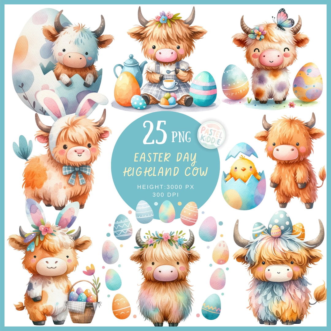 Highland Cow Easter PNG, Watercolor Clipart, Highland Cow Decor ...