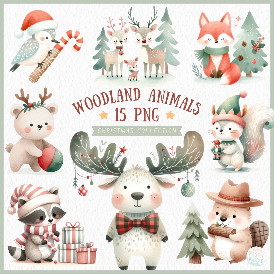 Cute Watercolor Woodland Animals, Christmas Collection, Festive Forest ...