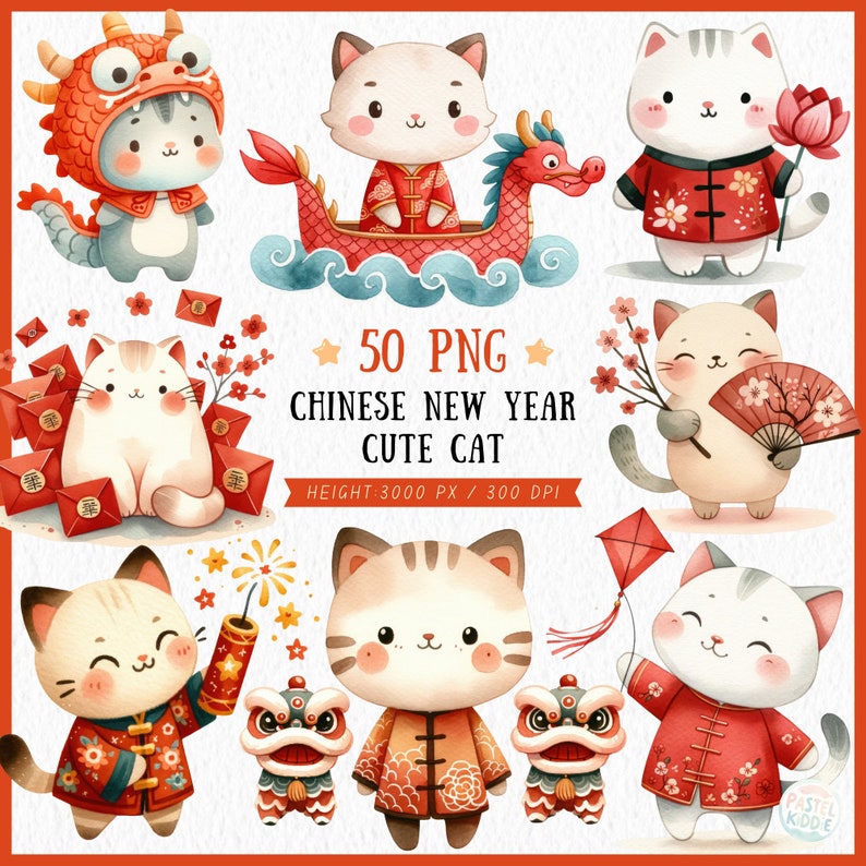 2024 Lunar New Year Clipart, Watercolor Chinese New Year PNG, Cute Cat ...