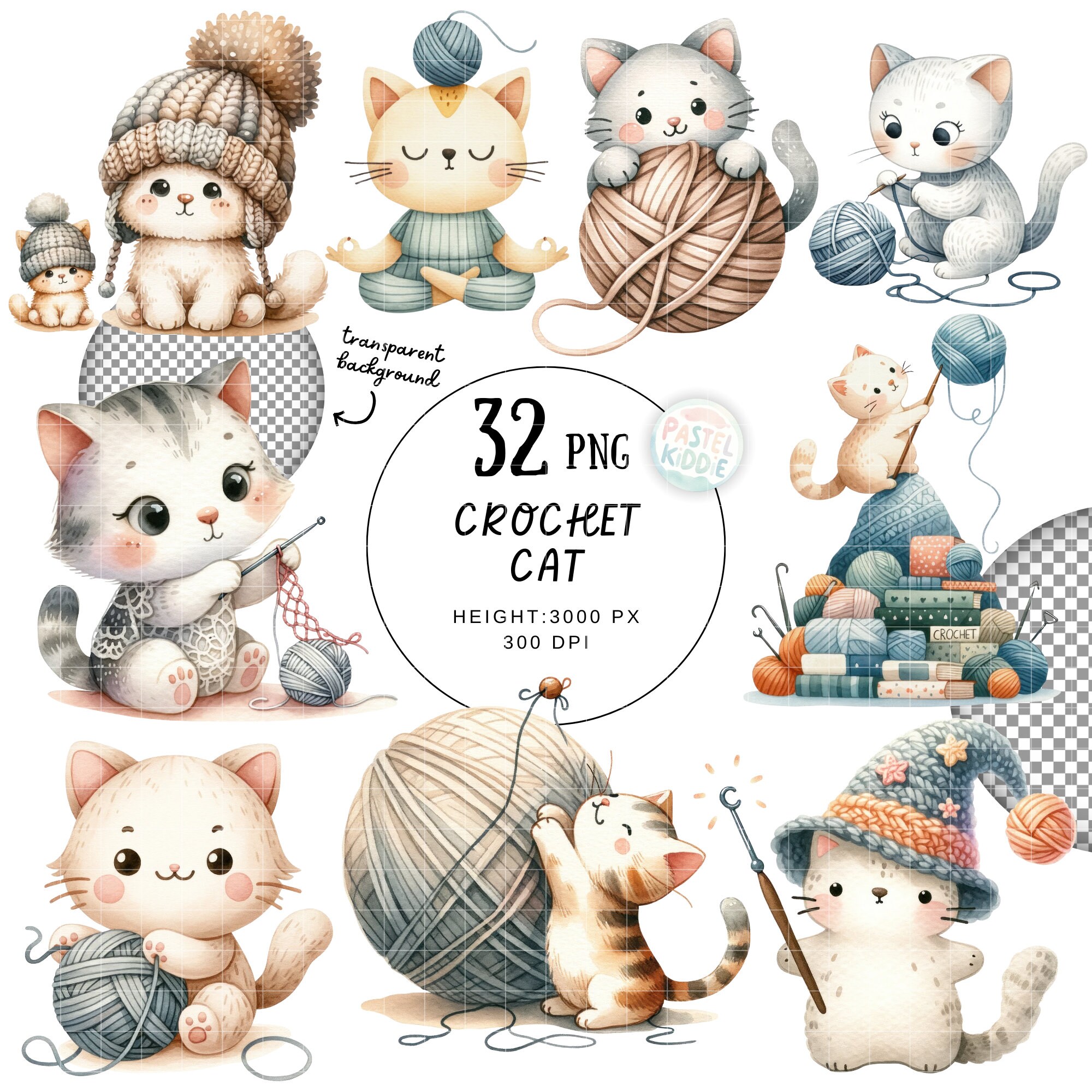 Cute Crochet Cat, Watercolor Clipart, Cat PNG, Cat Stickers, Cat Decor ...