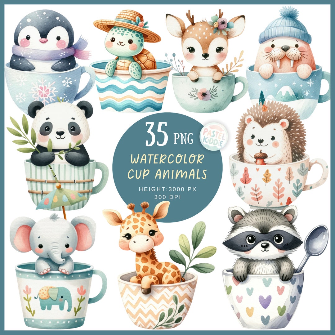 Watercolor Safari Animals in Cups: Nursery PNG Clipart (digital ...