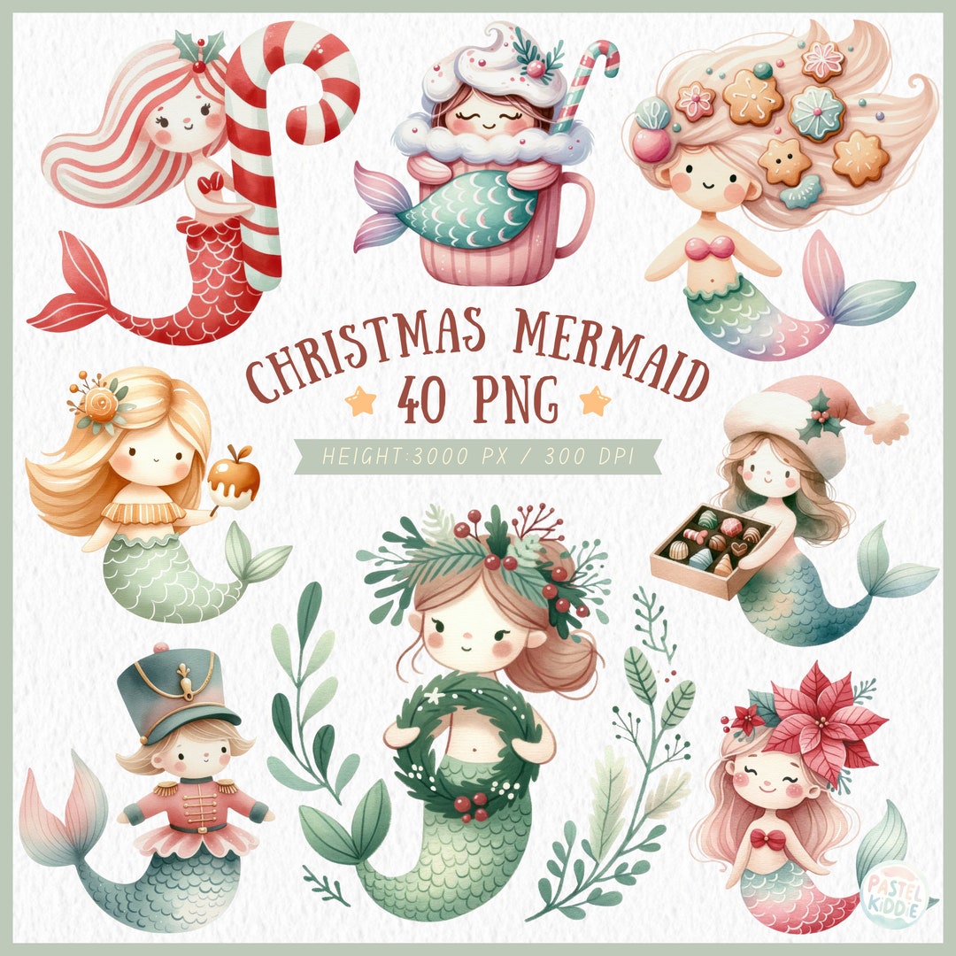 Watercolor Christmas Mermaid Clipart: Festive Xmas PNG (digital ...