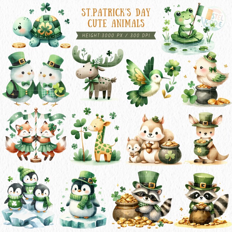 St Patricks Day PNG, Cute Animal Clipart, Watercolor Animals Stickers ...