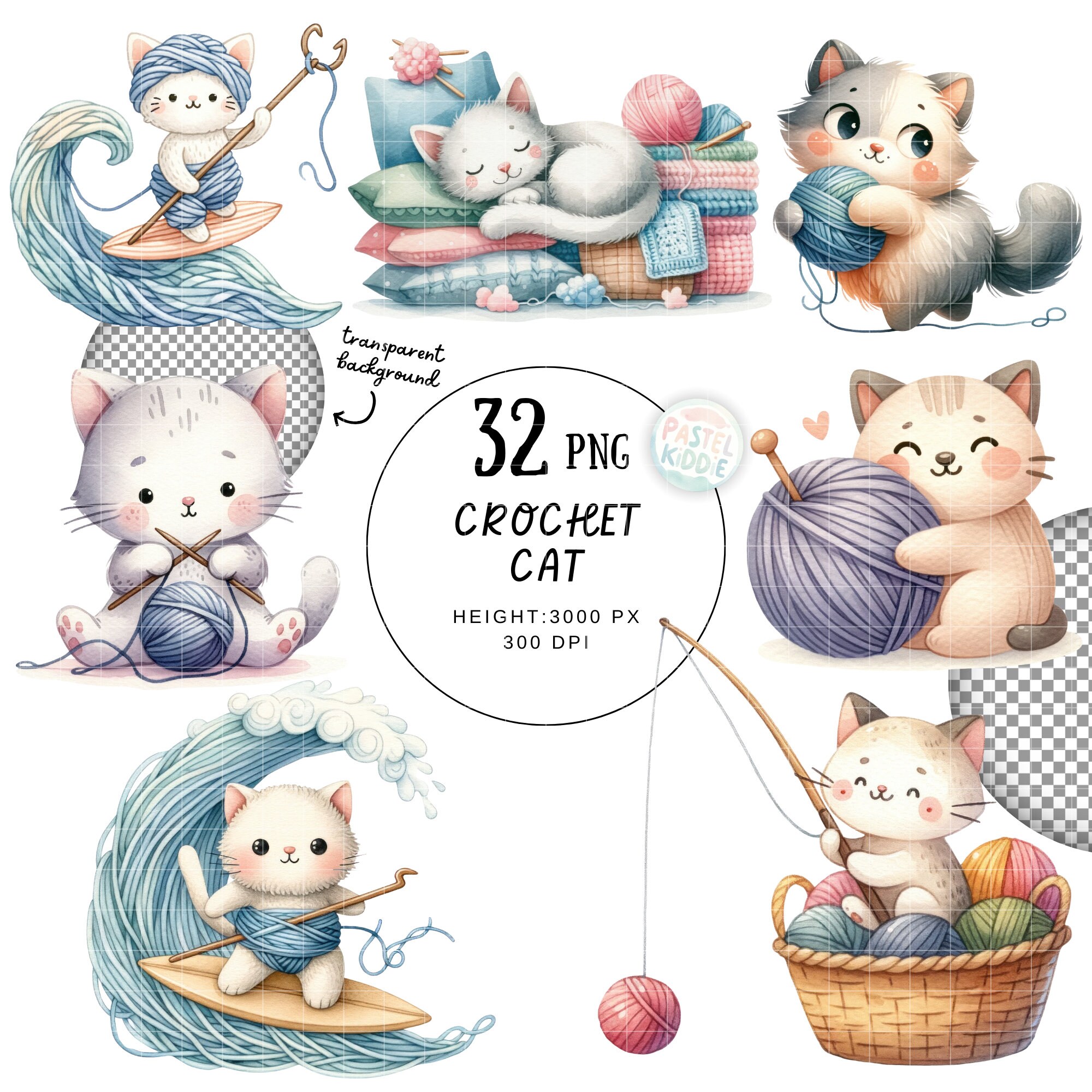 Cute Crochet Cat, Watercolor Clipart, Cat PNG, Cat Stickers, Cat Decor ...