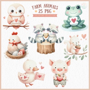 Cute Watercolor Farm Animals, Valentines Day, Romantic Barnyard ...
