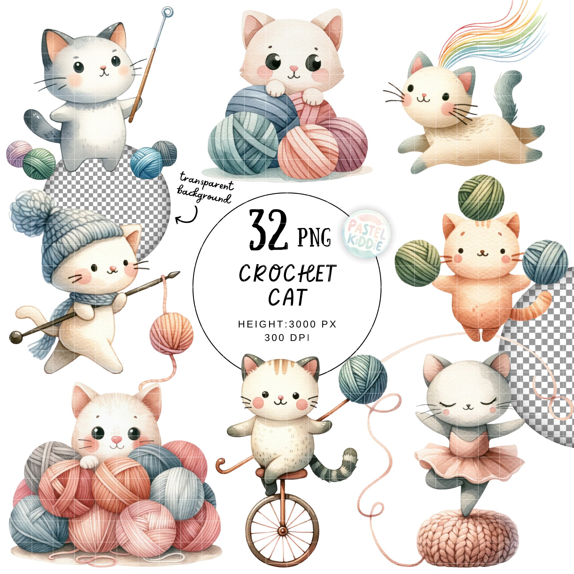Cute Crochet Cat, Watercolor Clipart, Cat PNG, Cat Stickers, Cat Decor ...