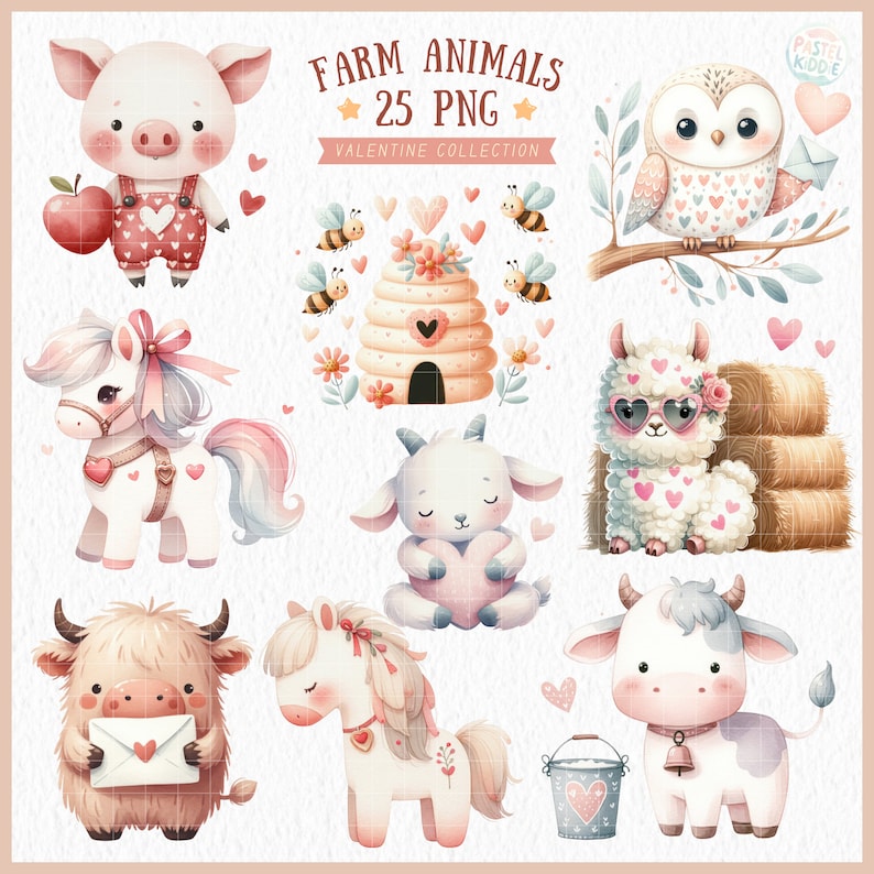 Cute Watercolor Farm Animals, Valentines Day, Romantic Barnyard ...