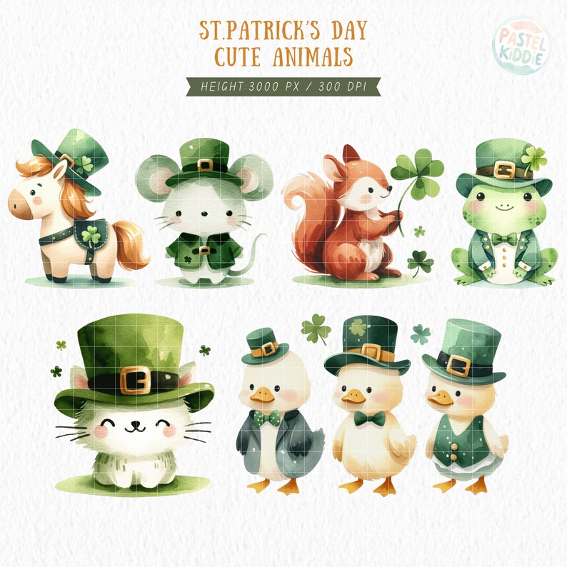 St Patricks Day PNG, Cute Animal Clipart, Watercolor Animals Stickers ...