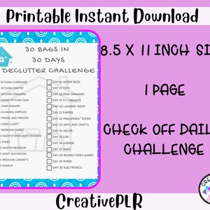 30 Bags in 30 Days Decluttering Challenge One Sheet |printable Decluttering Checklist | Instant ...