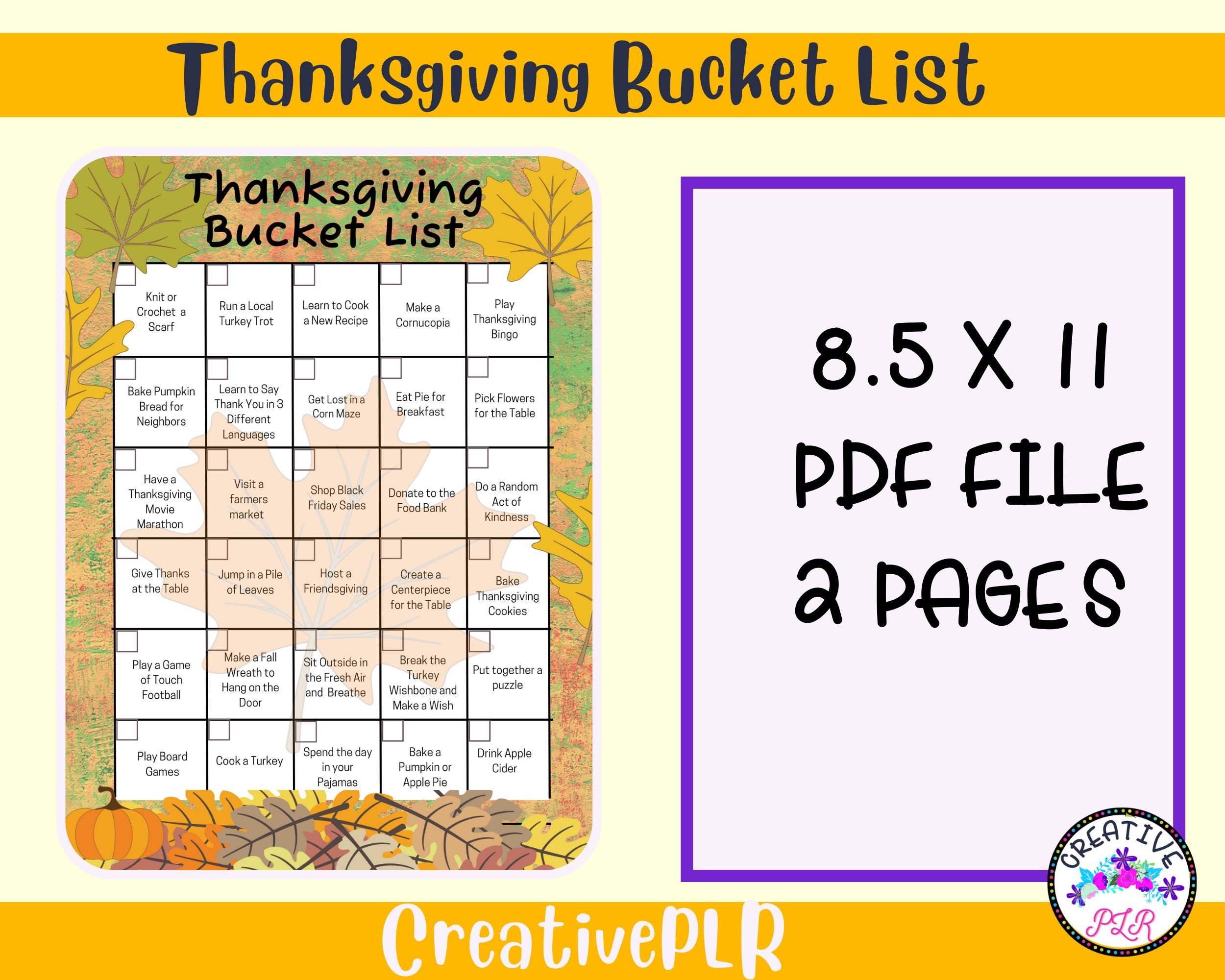 Thanksgiving Bucket List | Printable Bucket List | Holiday Activity ...