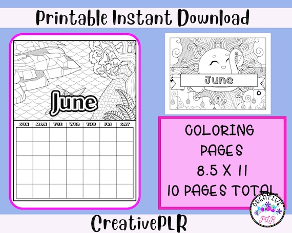 June Monthly Coloring Planner 10 Printable Coloring Pages - Etsy