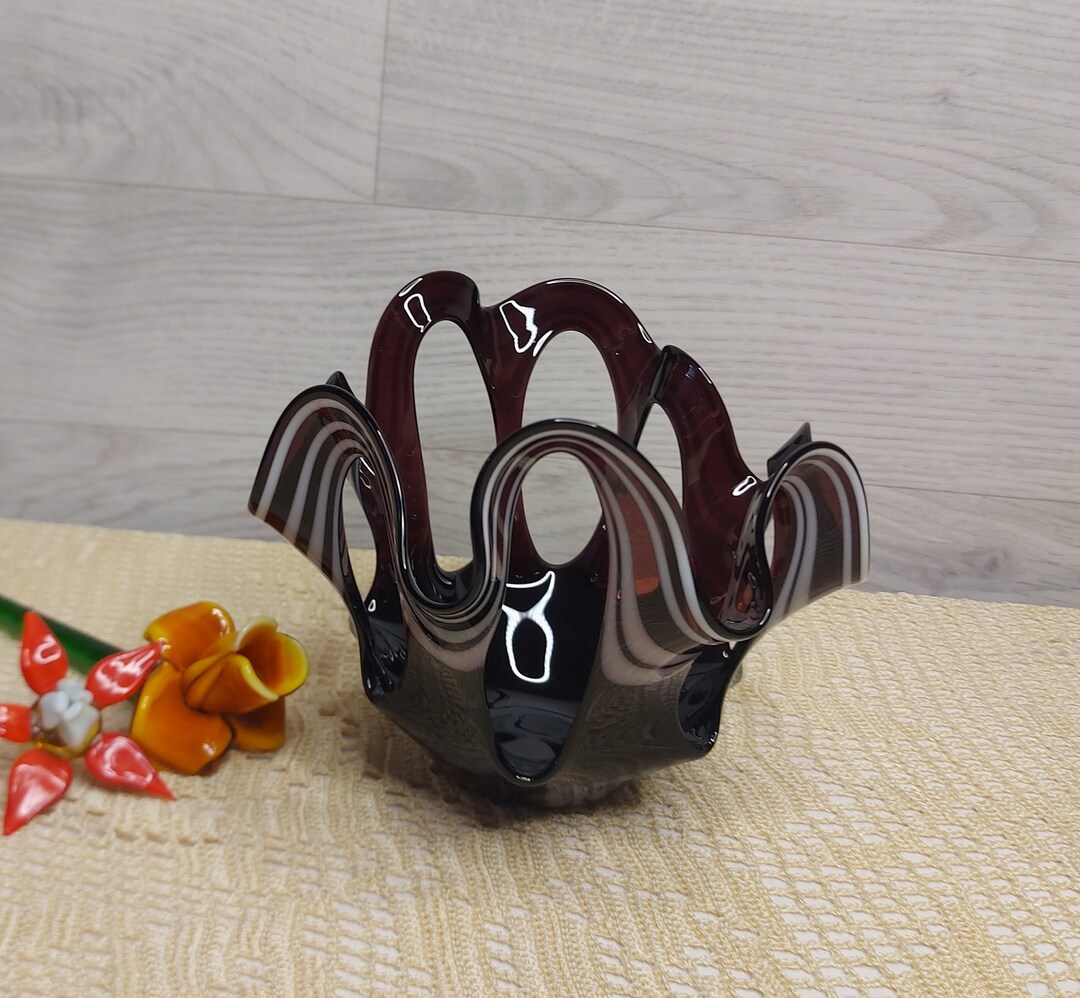 Glass Bowl Makora Handmade in Poland, Glass Vase Dark Red With White ...