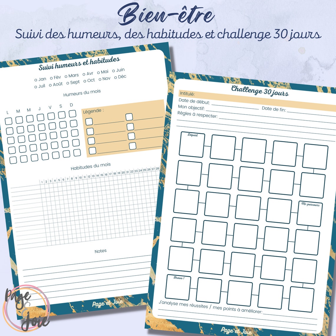 Cahier bien-être à imprimer en français modèle wellness bleu et or ...
