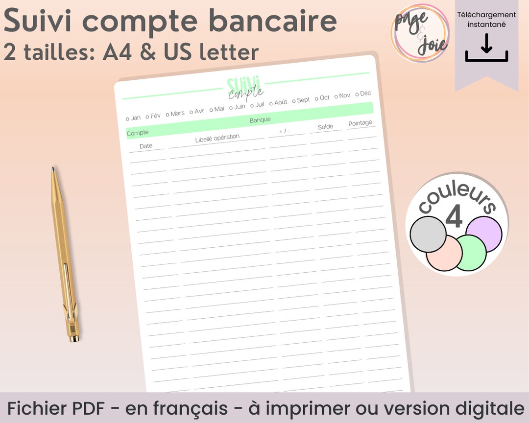Bank Account Tracking in French to Print and Digital Version A4 / US ...