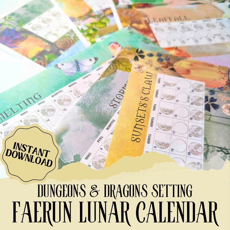 Dnd Calendar for Faerun (forgotten Realms, Toril, Sword Coast) | Lunar ...