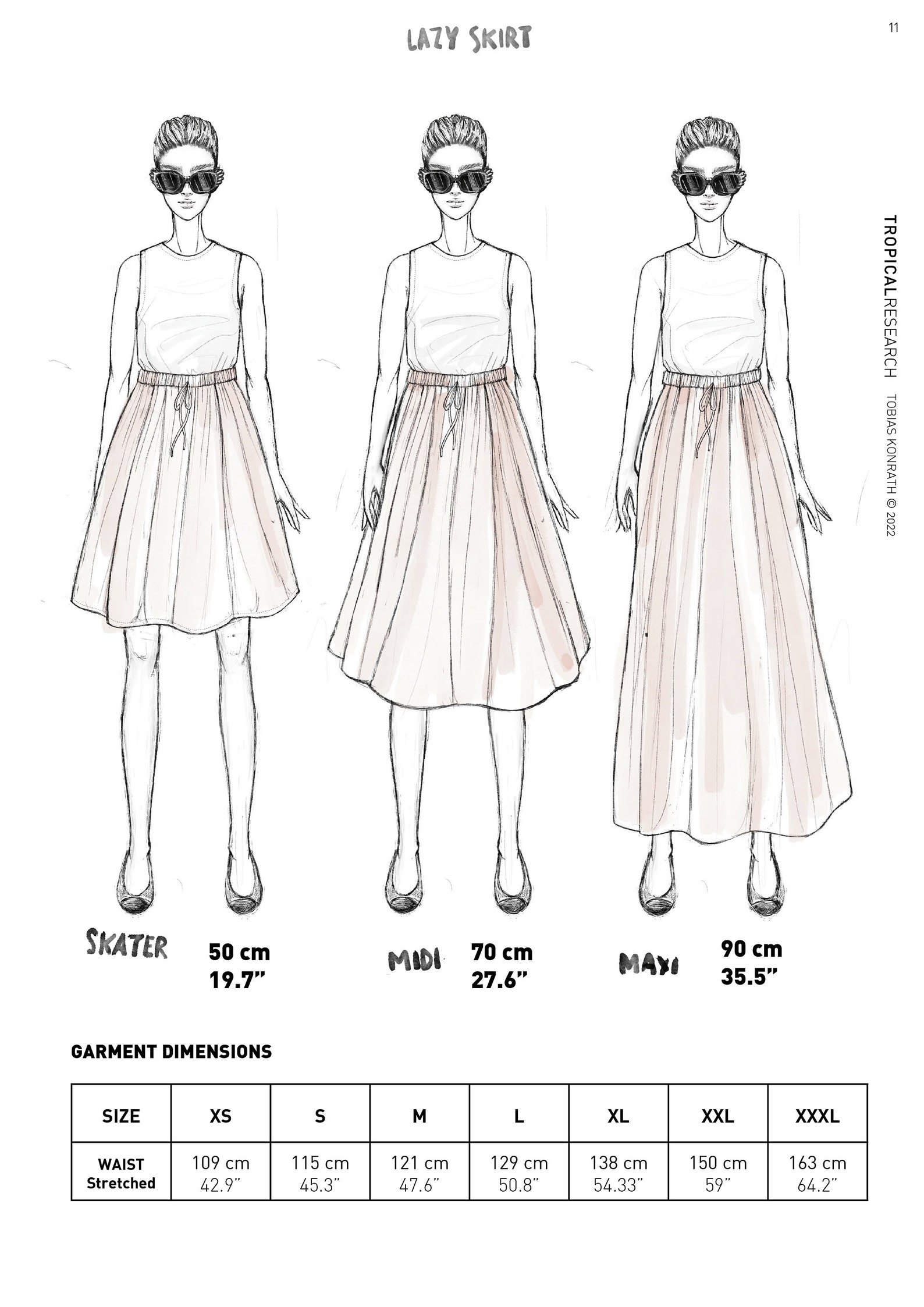 Lazy Skirt Sewing Pattern Midi Maxi Skater Drawstring Skirt Illustrated ...