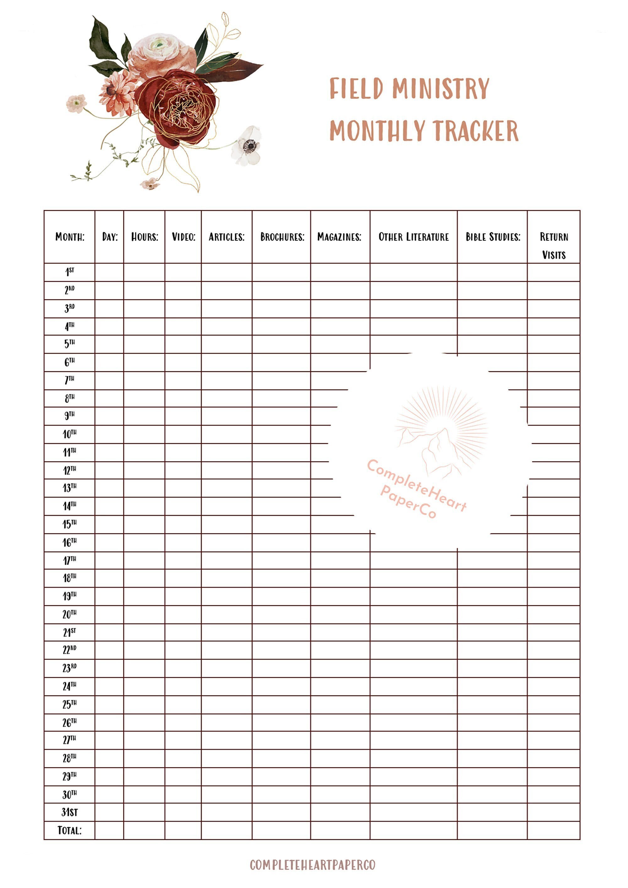 JW Floral Printables Aux Pioneering Ministry Tracker | Field Service ...