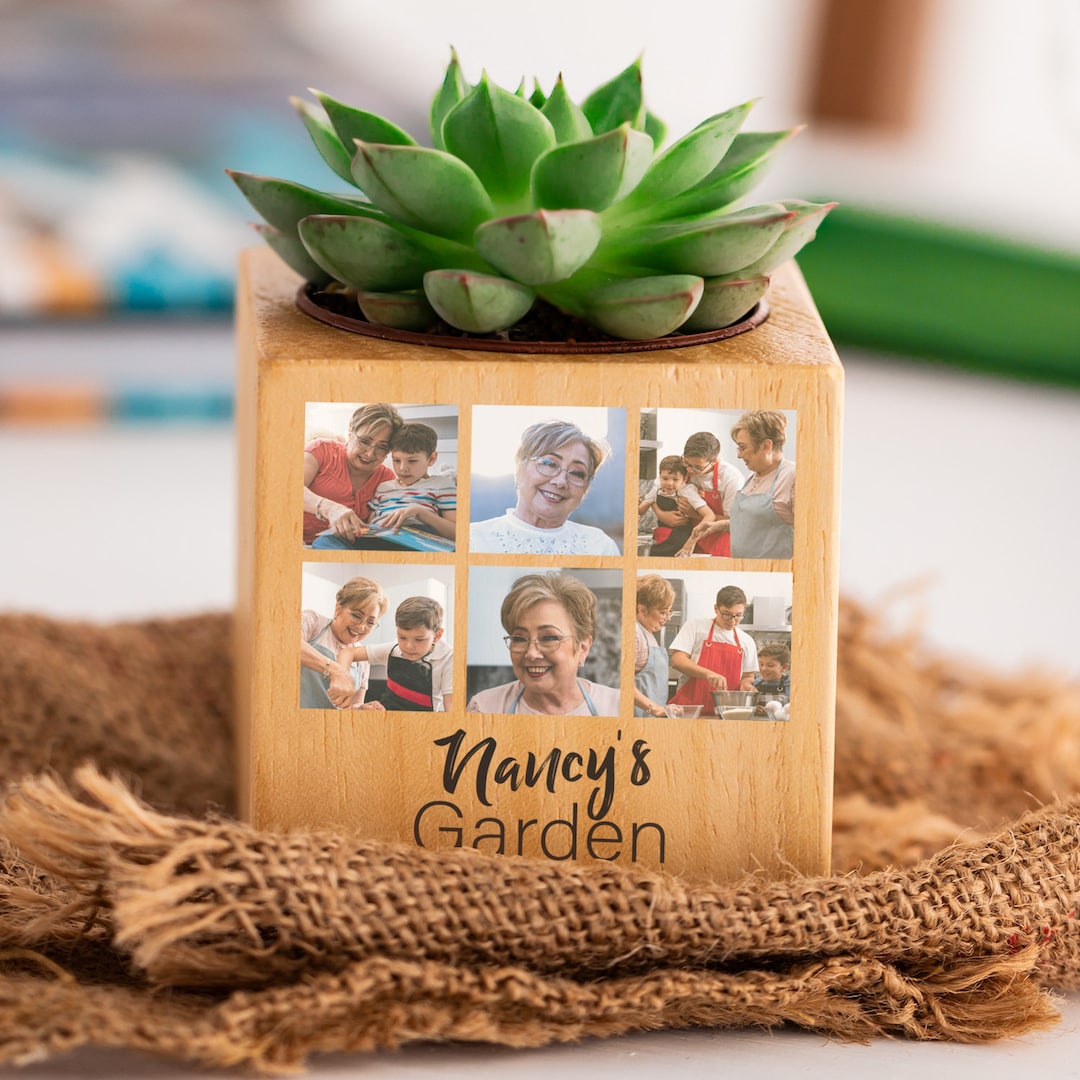 Photo Collage Plant Pot With Name, Wooden Succulent Planter, Indoor ...