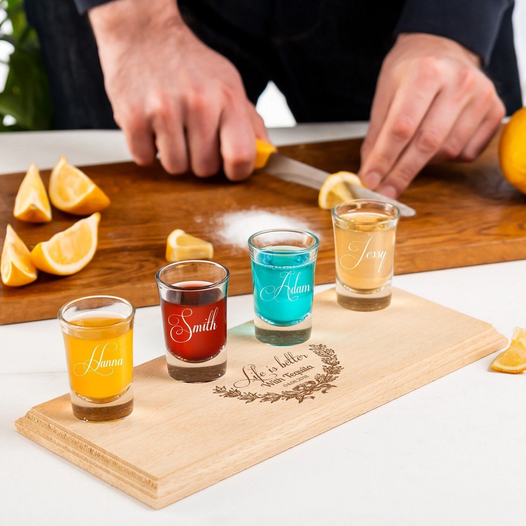 Custom Tequila Flight Board, 4 Engraved Shot Glasses, Personalized Name ...