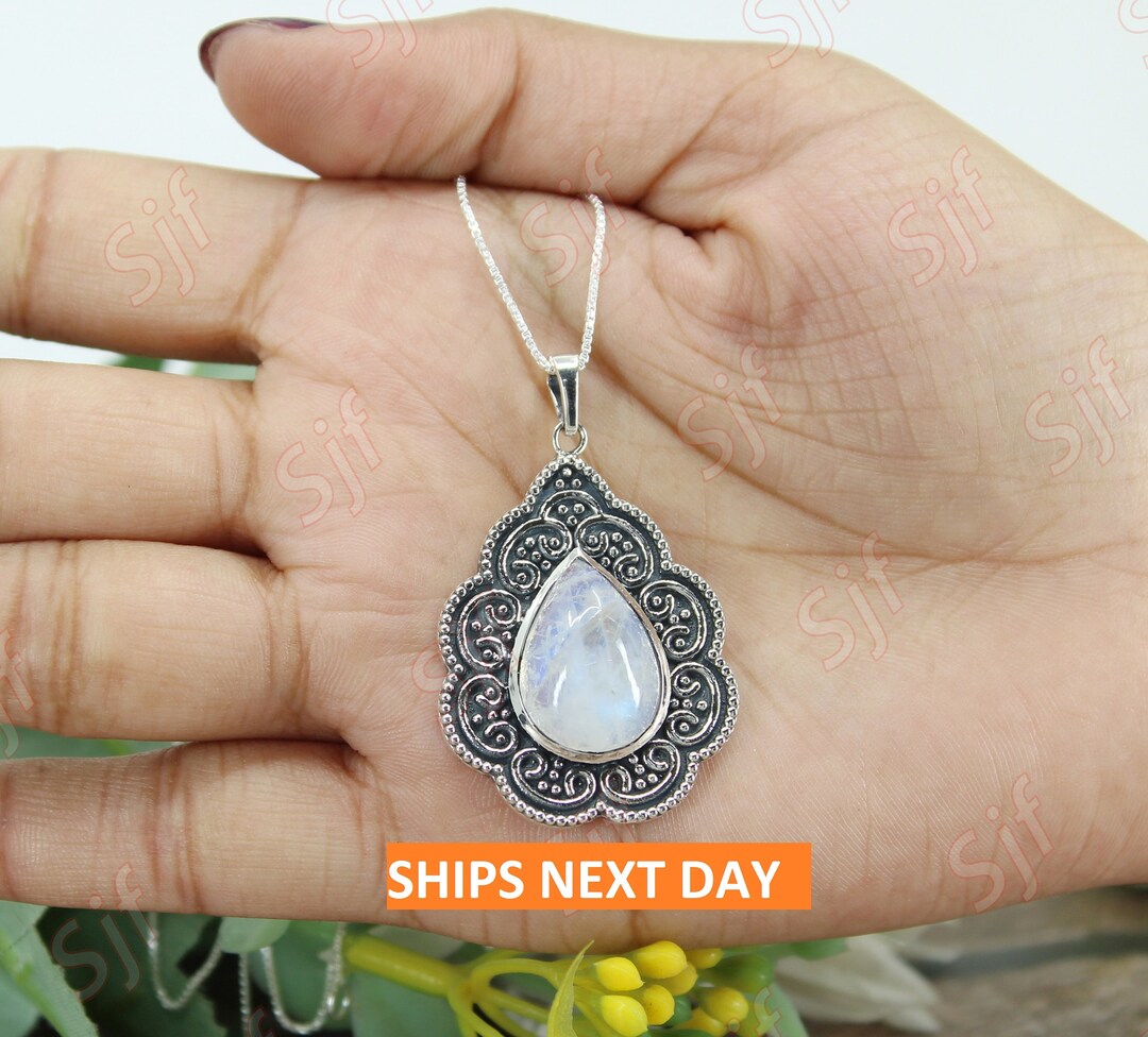 Natural Pear Shape Moonstone Oxidized Pendant With 18" Box Chain ...