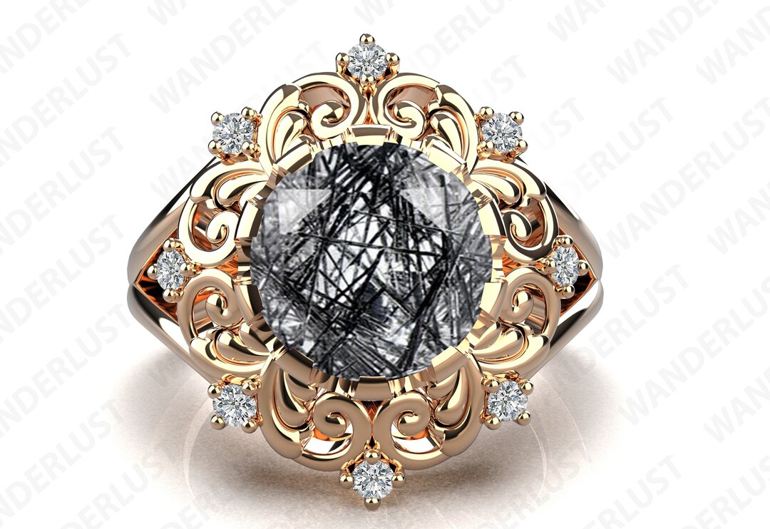 Round Shape Black Rutile Wedding Ring, Vintage Art Deco Black Rutile ...