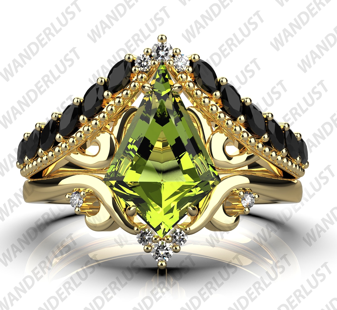 Alternative Engagement Ring Art Deco Peridot Bridal Ring Set, Black ...