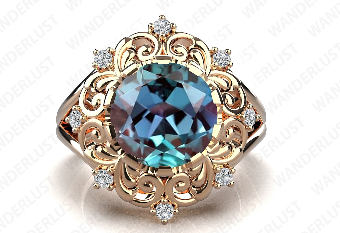 Lab Grown Alexandrite Engagement Ring, Color Change Alexandrite Round ...