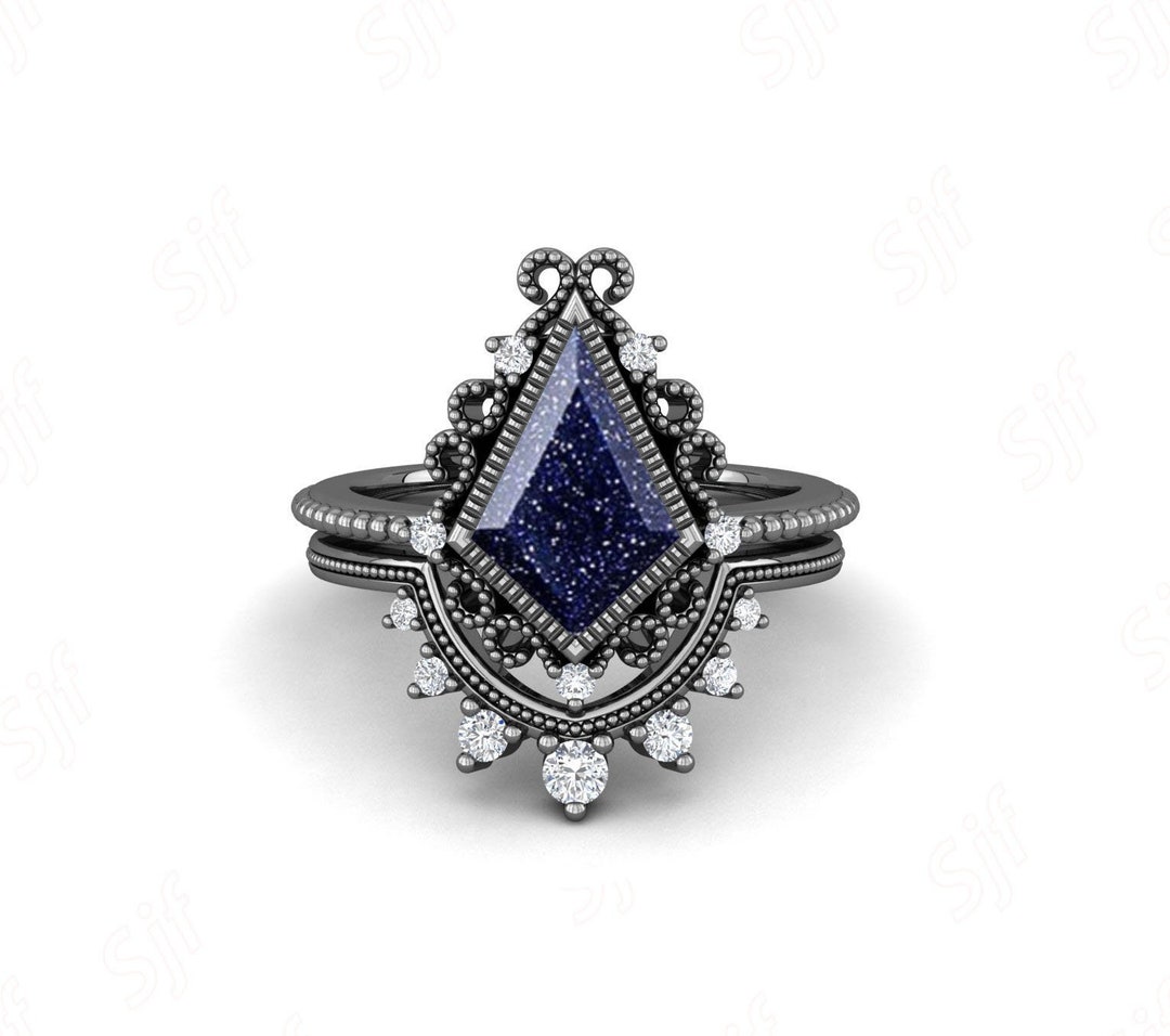 Natural Galaxy Blue Sandstone Kite Shape Ring Set, Antique Bezel Set ...