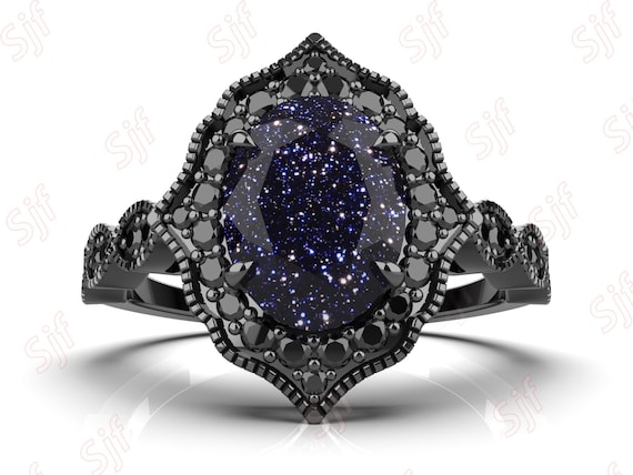 Natural Blue Sandstone Wedding Ring Vintage Art Deco Black - Etsy