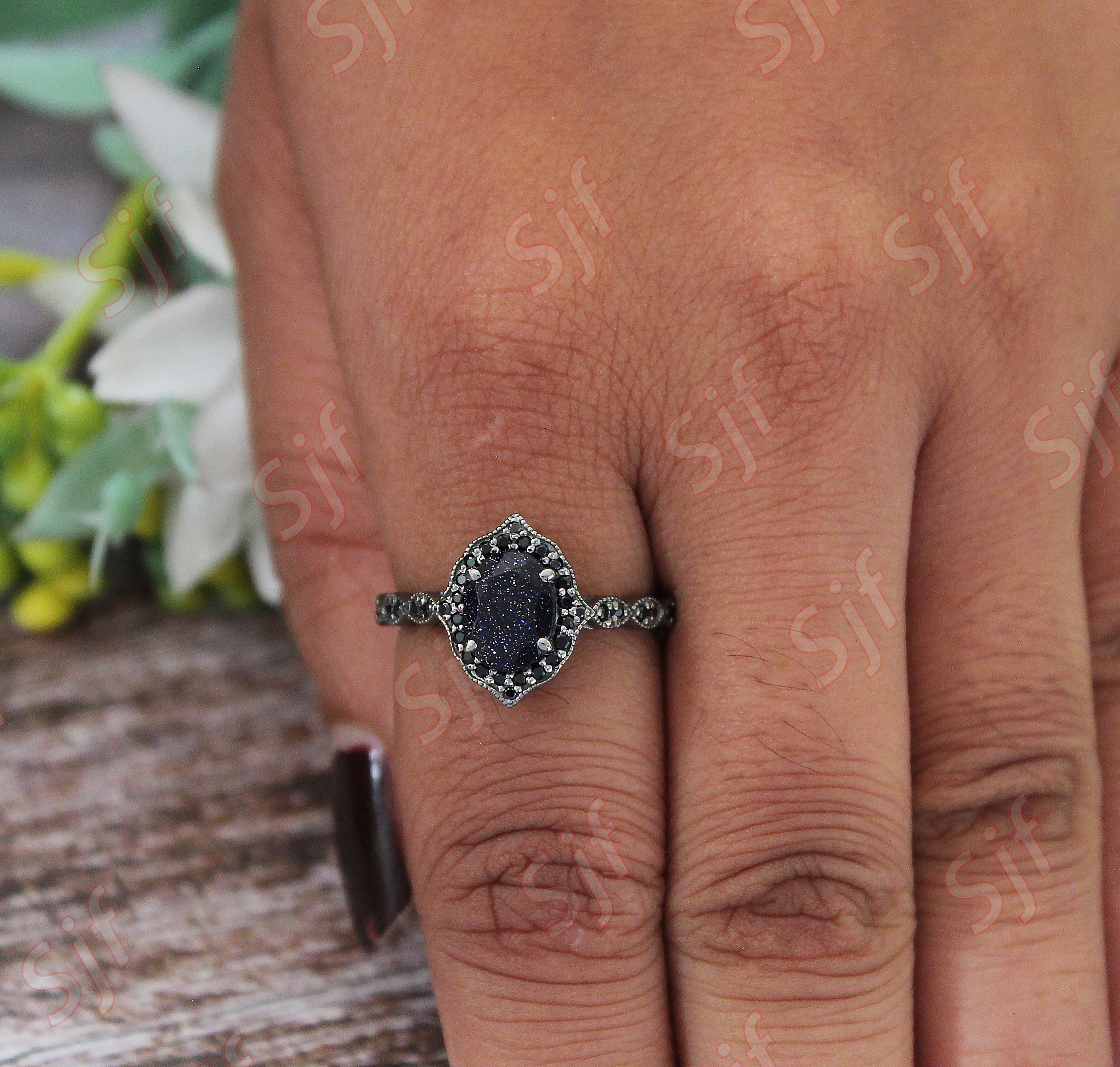 Natural Blue Sandstone Wedding Ring Vintage Art Deco Black - Etsy