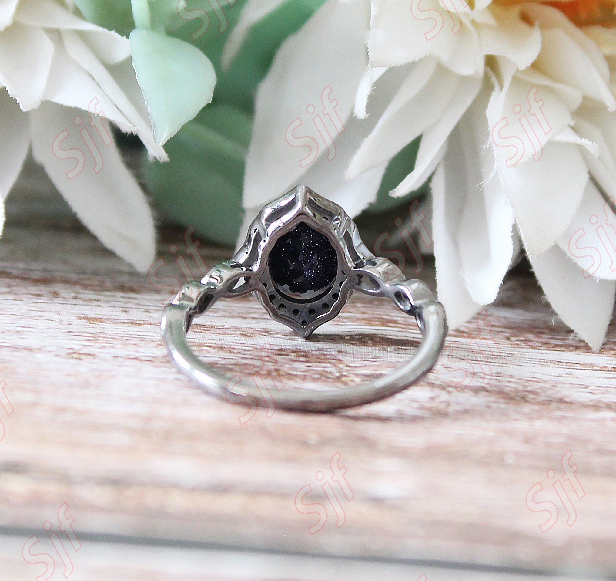 Natural Blue Sandstone Wedding Ring Vintage Art Deco Black - Etsy