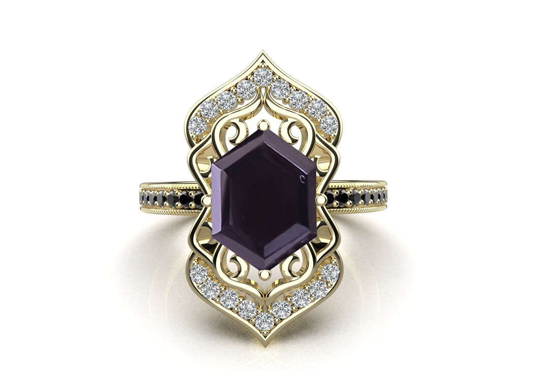 Hexagon Fancy Shape Black Onyx Engagement Gold Ring, Vintage Floral ...