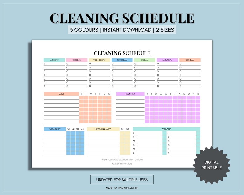 Household Cleaning Schedule Template Clean Task List Digital Cleaning ...