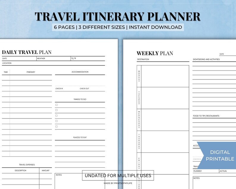 Travel Itinerary Planner Daily and Weekly Trip Schedule Summer Holiday ...