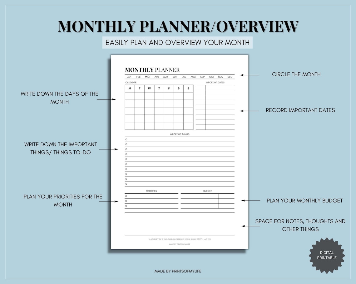 Monthly Planner Template Productivity Plan Journal Insert for Month at ...