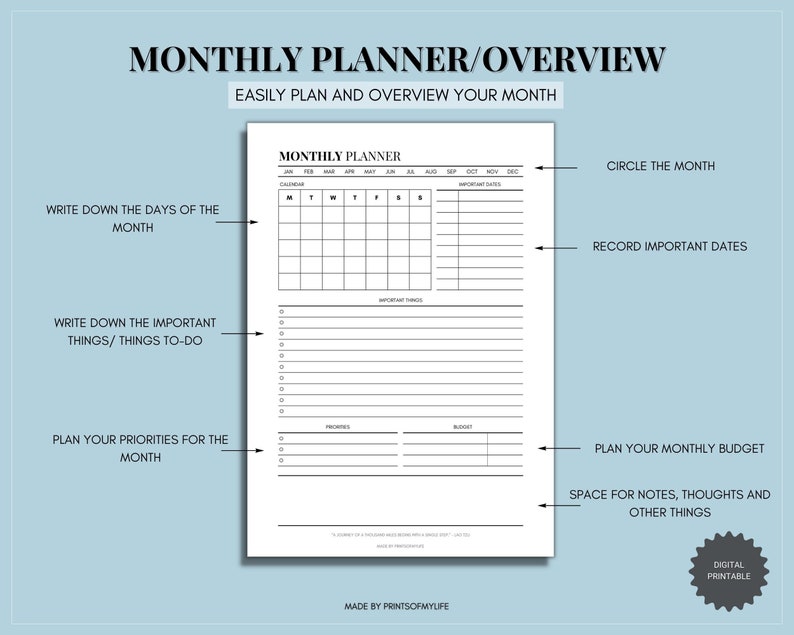 Monthly Planner Template Productivity Plan Journal Insert for Month at ...