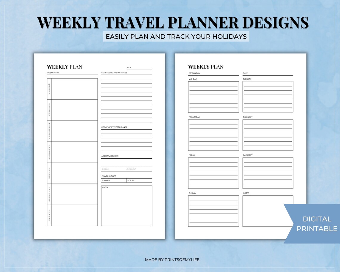 Travel Itinerary Planner Daily and Weekly Trip Schedule Summer Holiday ...