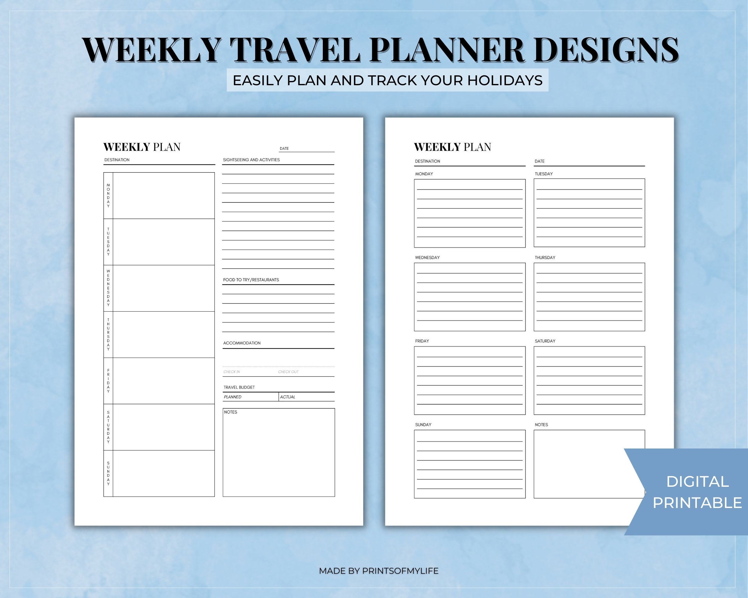 Travel Itinerary Planner Daily and Weekly Trip Schedule Summer Holiday ...