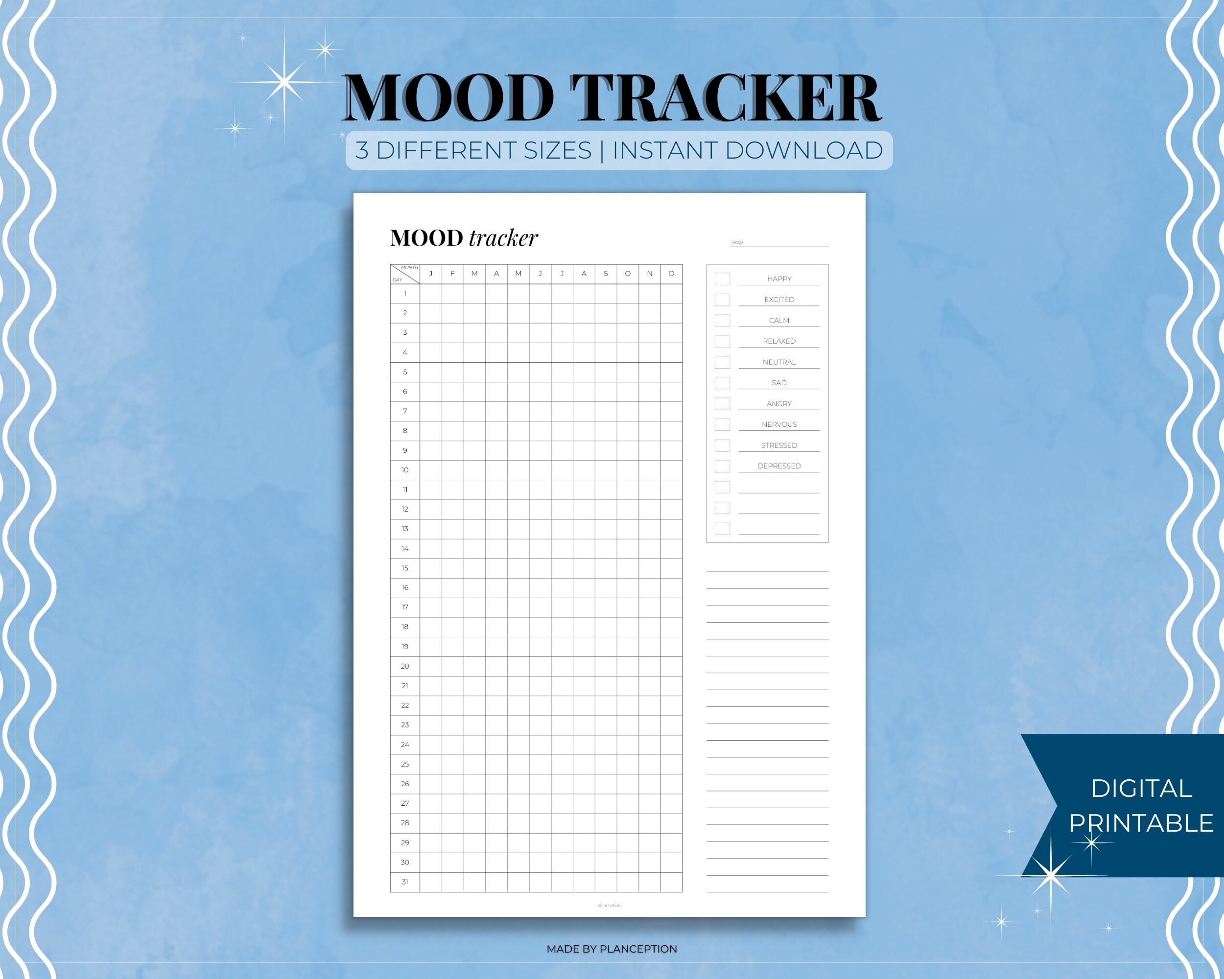 Mood Tracker Printable Monthly Mood Tracker Yearly Mood Tracker Daily ...