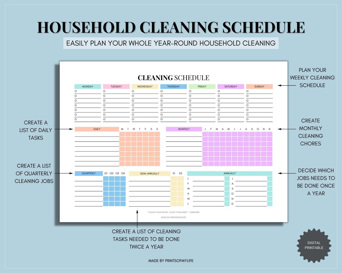 Household Cleaning Schedule Template Clean Task List Digital Cleaning ...