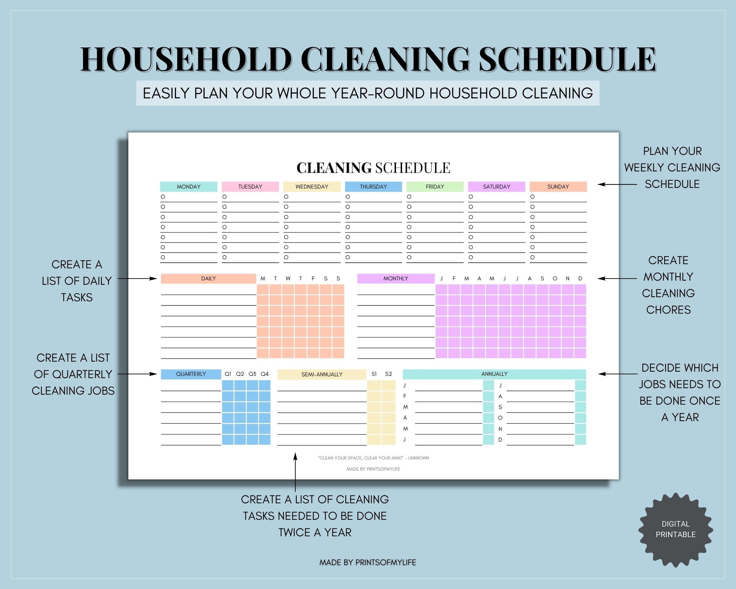 Household Cleaning Schedule Template Clean Task List Digital Cleaning ...