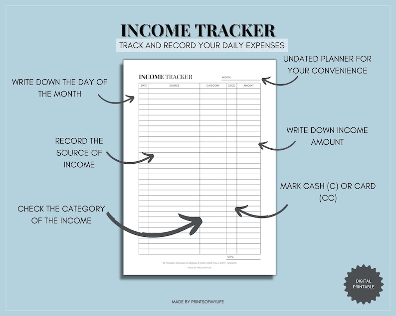 Income Tracker Template Earning Financial Budget Money Planner Monthly ...