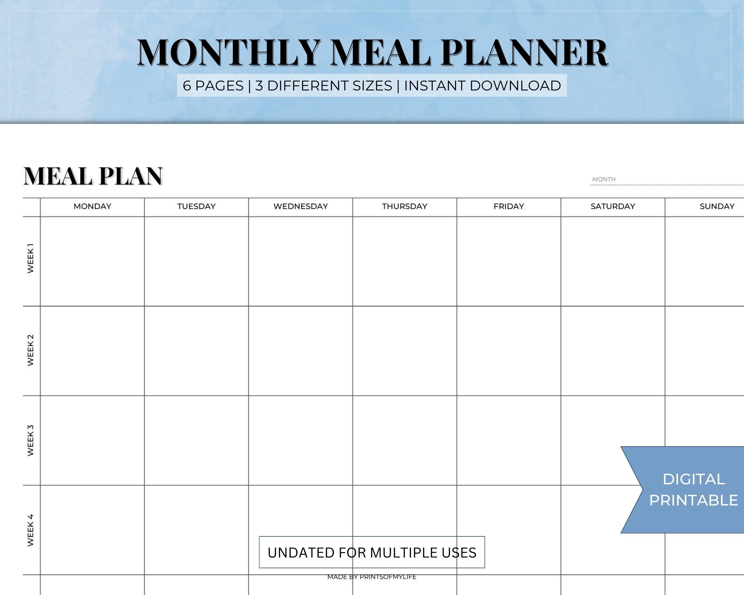 Monthly Meal Planner Family Meal Planner Printable Monthly Menu Planner ...