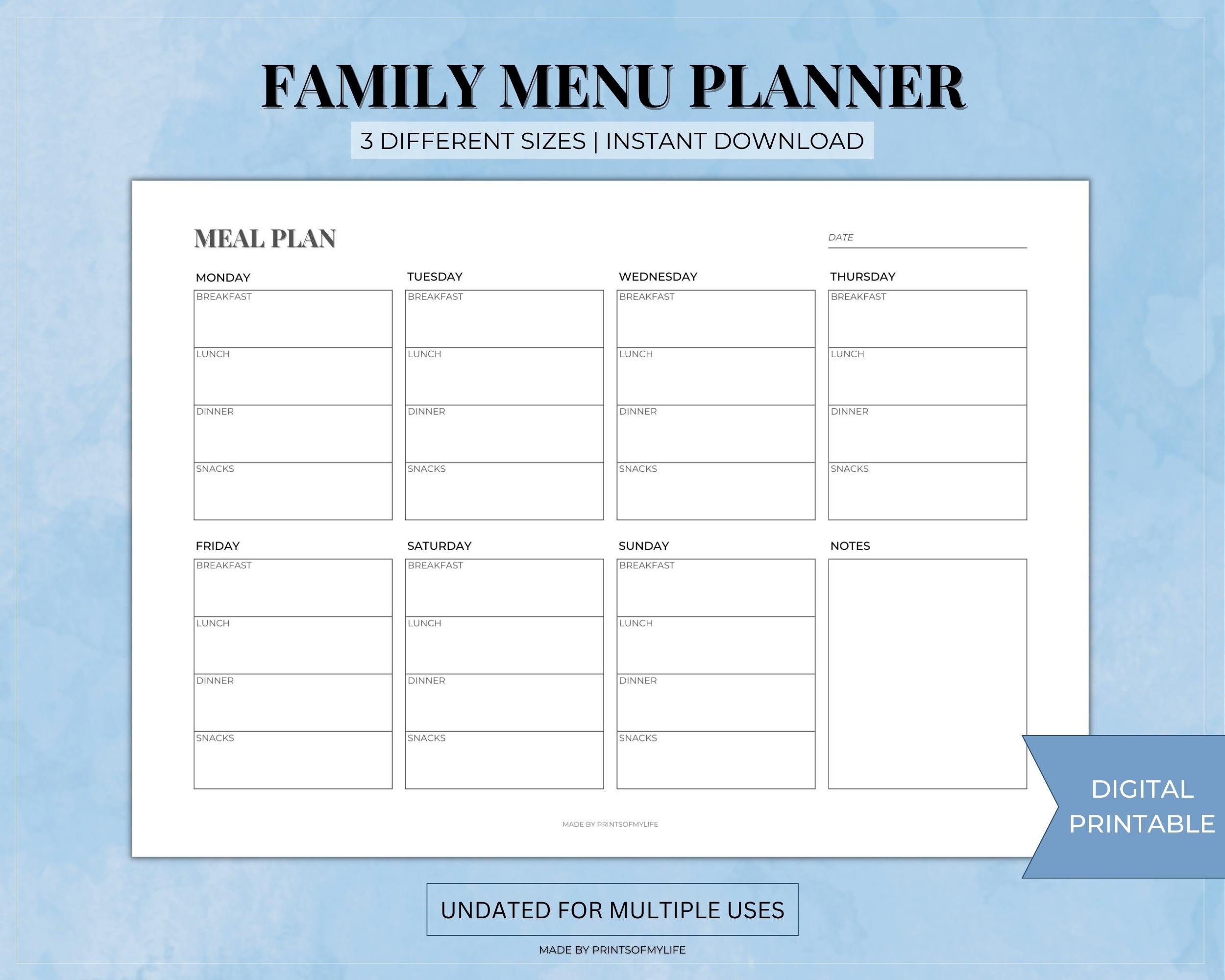 Meal Planner Weekly Printable Family Menu Organizer Food Diary Diet ...