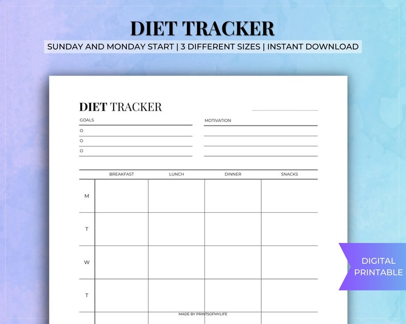 Diet Tracker Printable Food Diary Printable Food Journal Daily Calorie ...