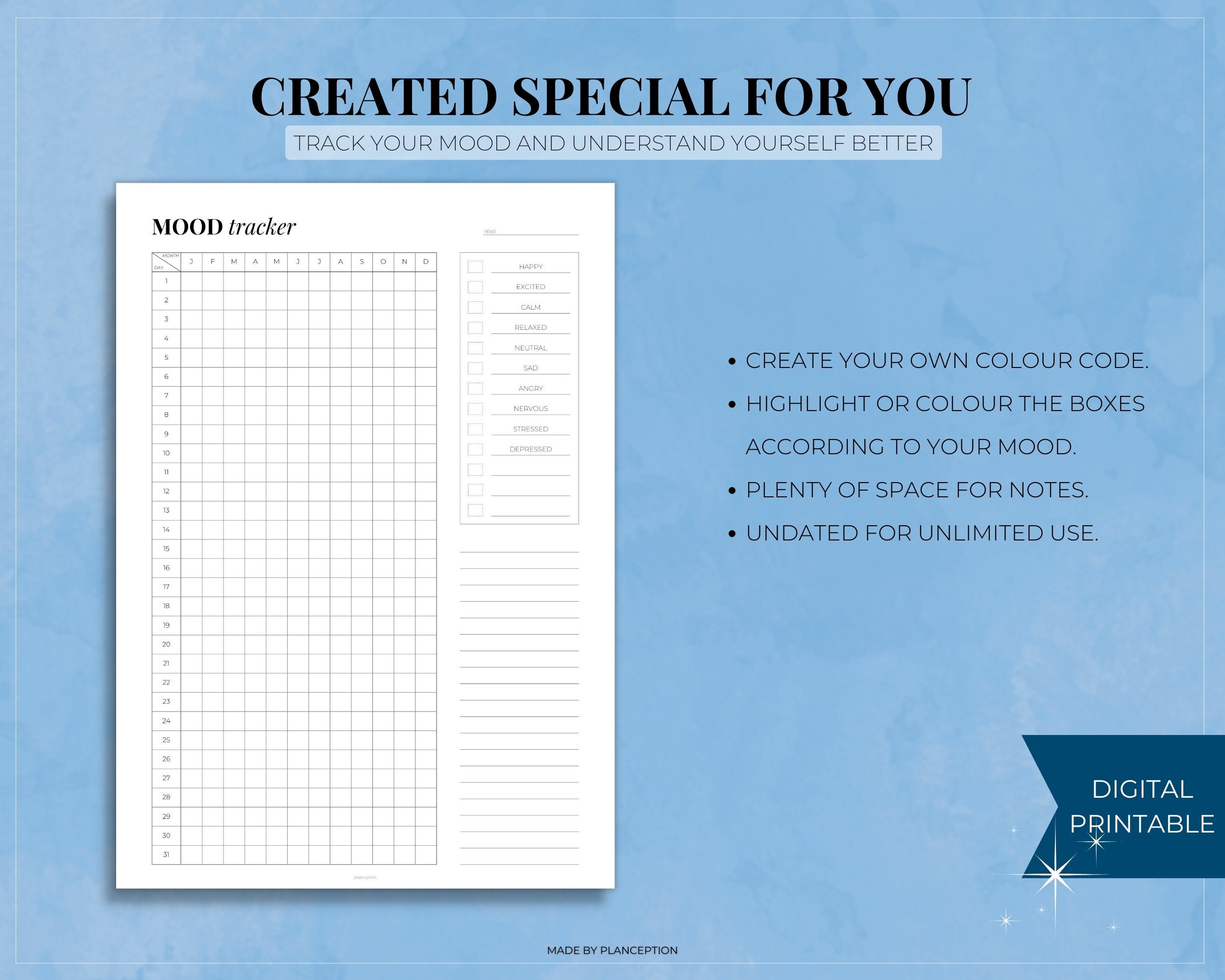 Mood Tracker Printable Monthly Mood Tracker Yearly Mood Tracker Daily ...