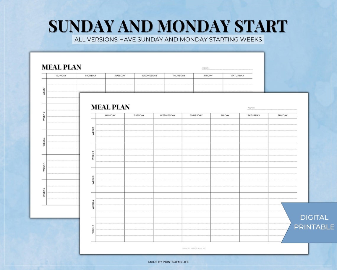Monthly Meal Planner Family Meal Planner Printable Monthly - Etsy