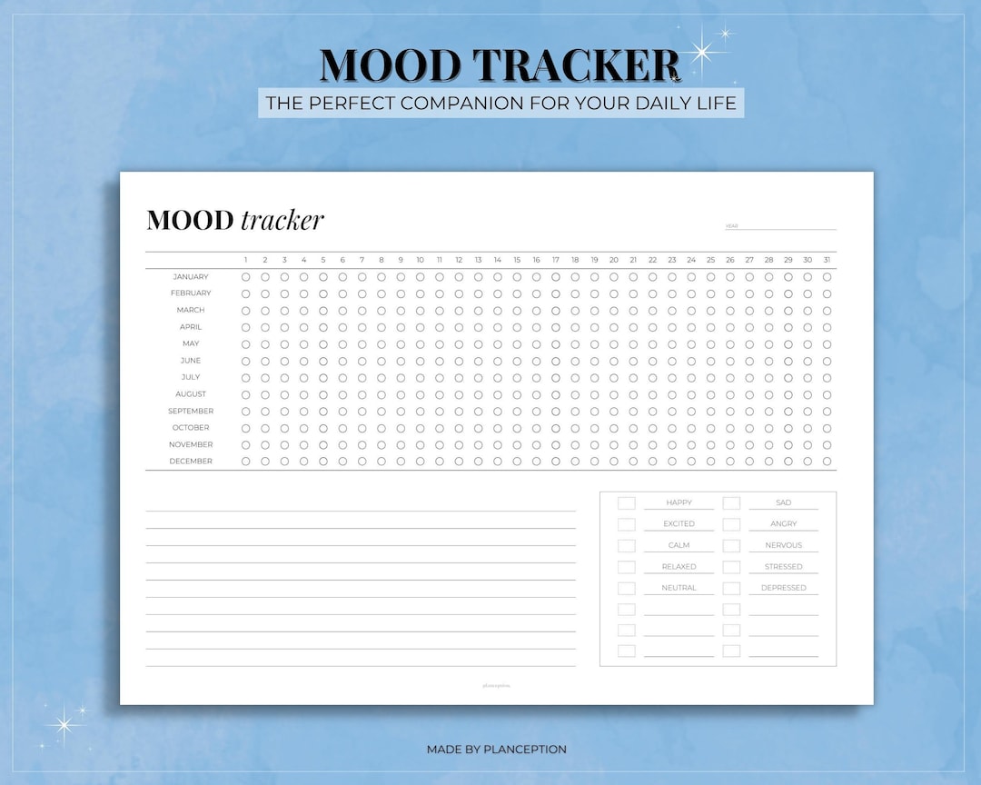 Digital Mood Tracker Printable Yearly Monthly Mood Tracker Planner ...