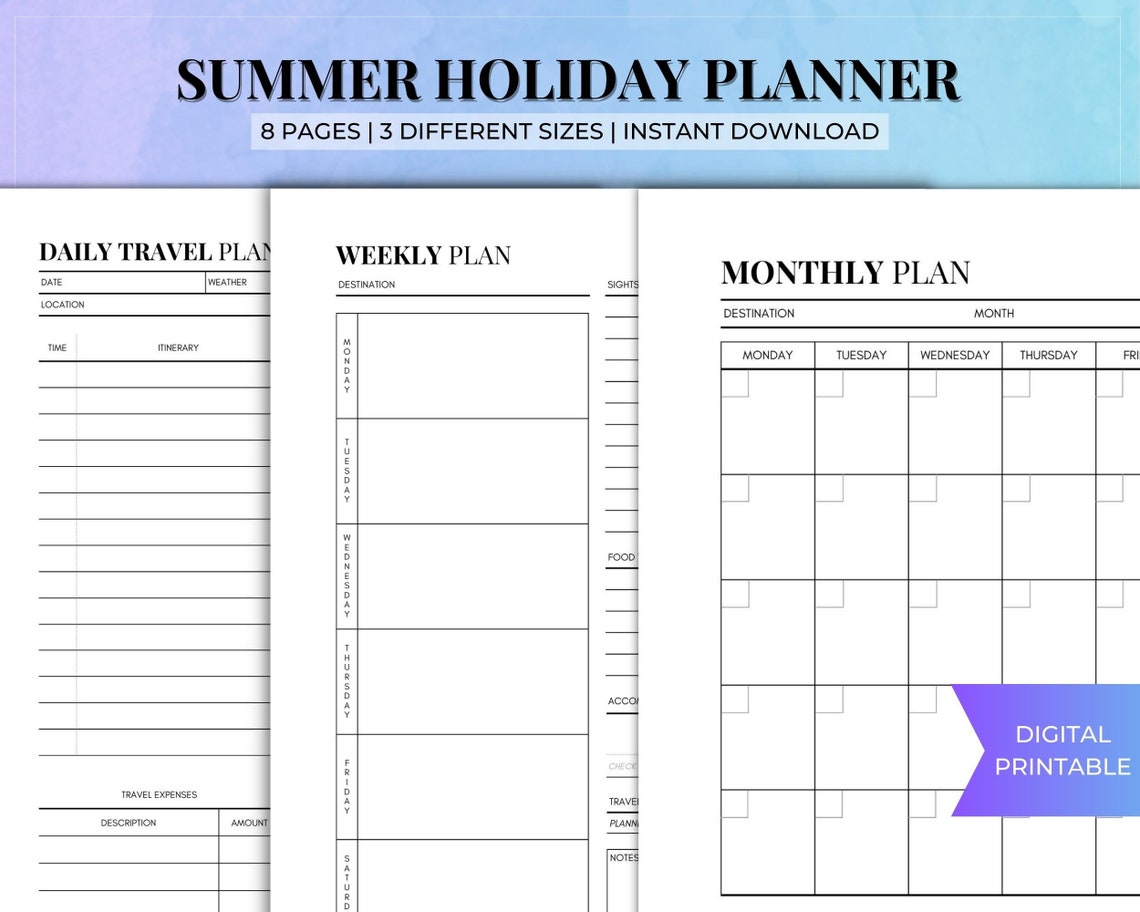 Summer Holiday Planner Travel Itinerary Journal Printable Travel ...